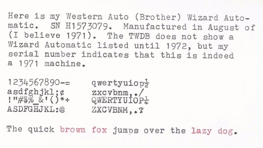1971 Western Auto (Brother) Wizard Automatic on the Typewriter Database